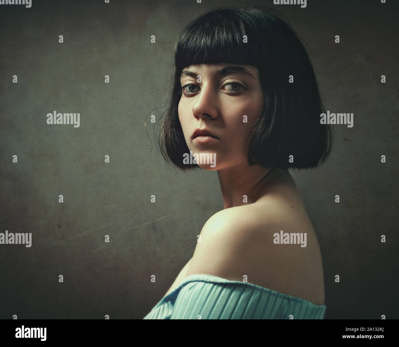 Retro styled female portrait with added grungy texture Stock Photo - Alamy