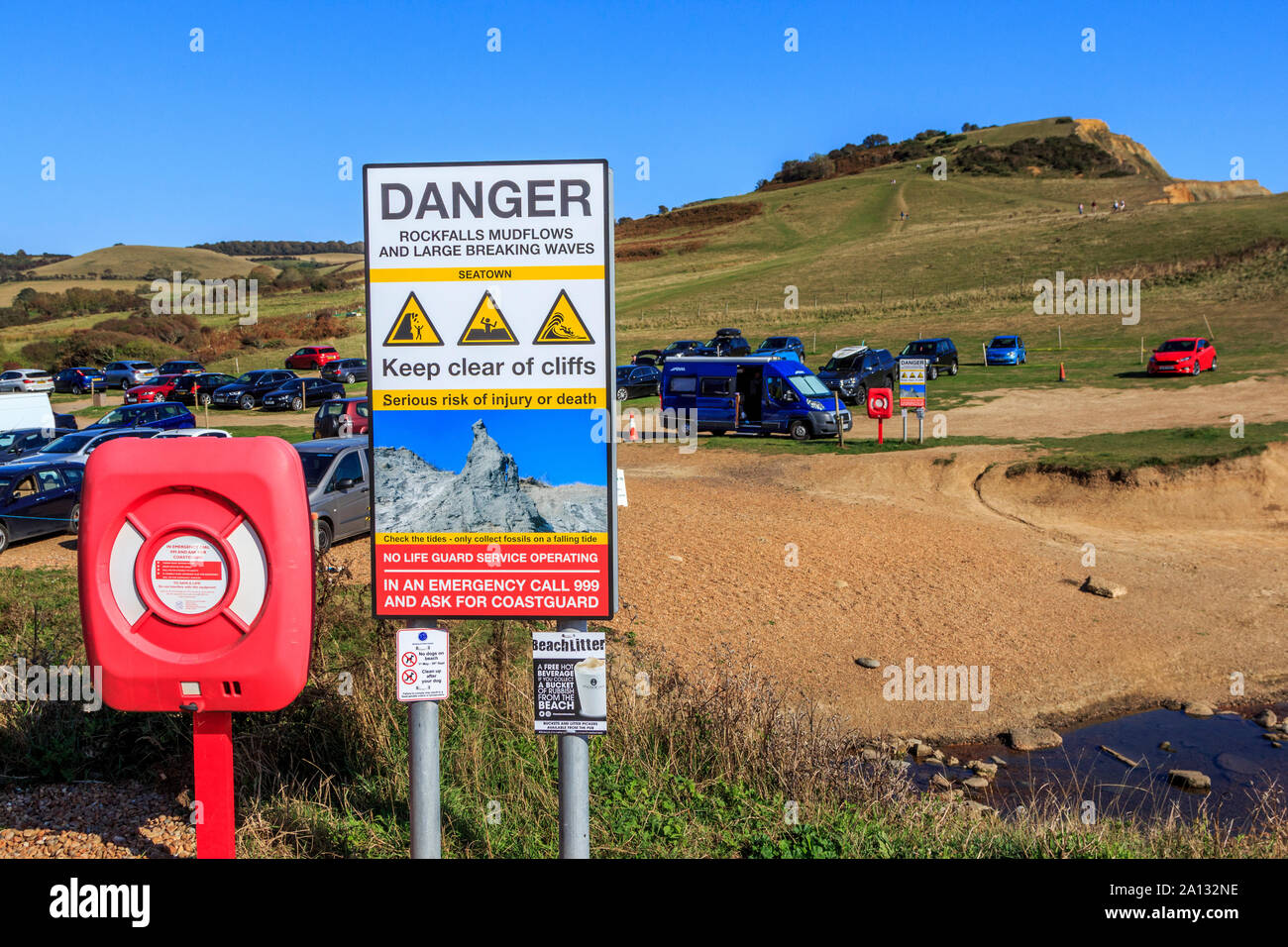 seatown danger signage signs on beach warning of hazards, dorset ...