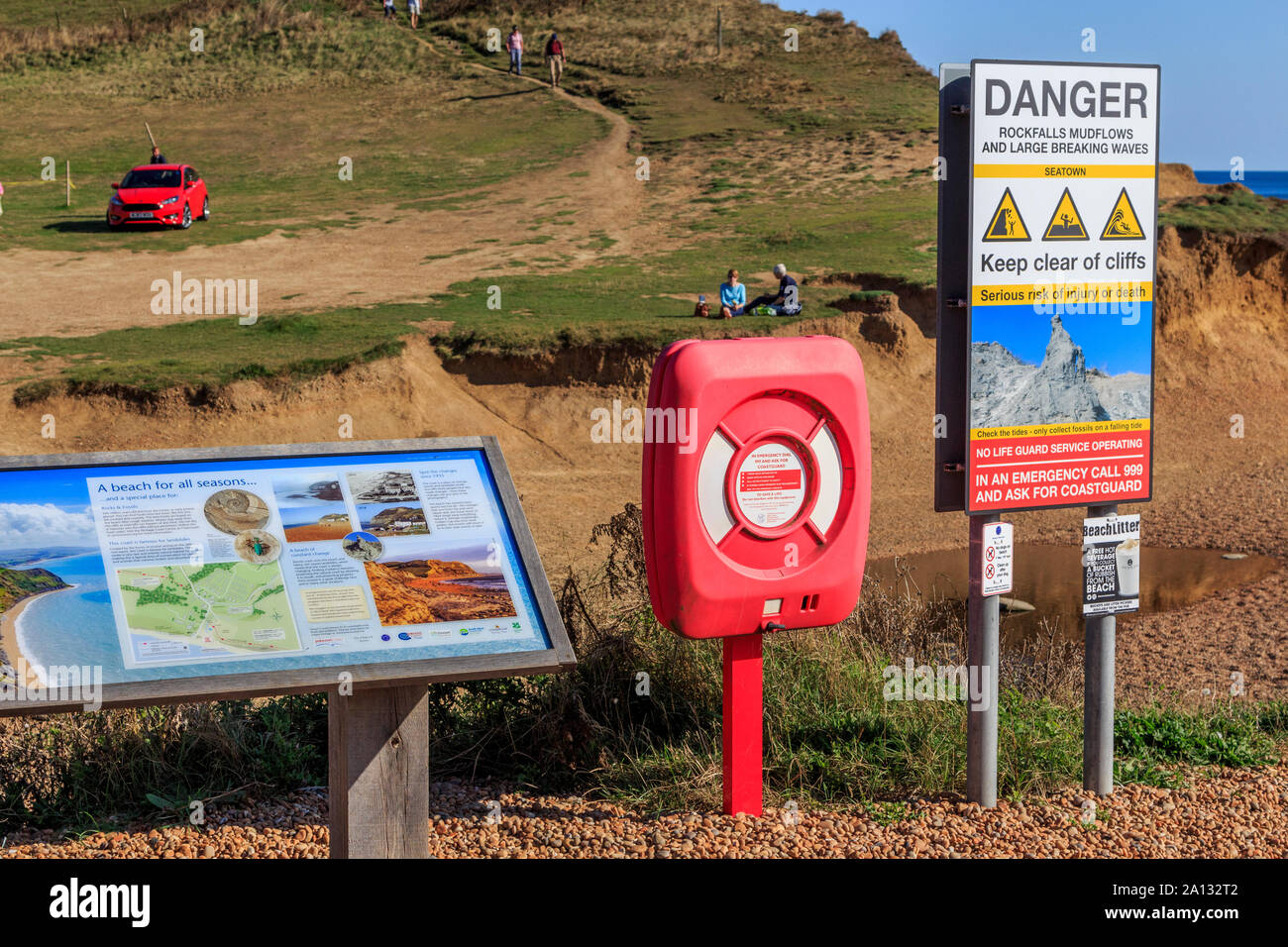 seatown danger signage signs on beach warning of hazards, dorset ...