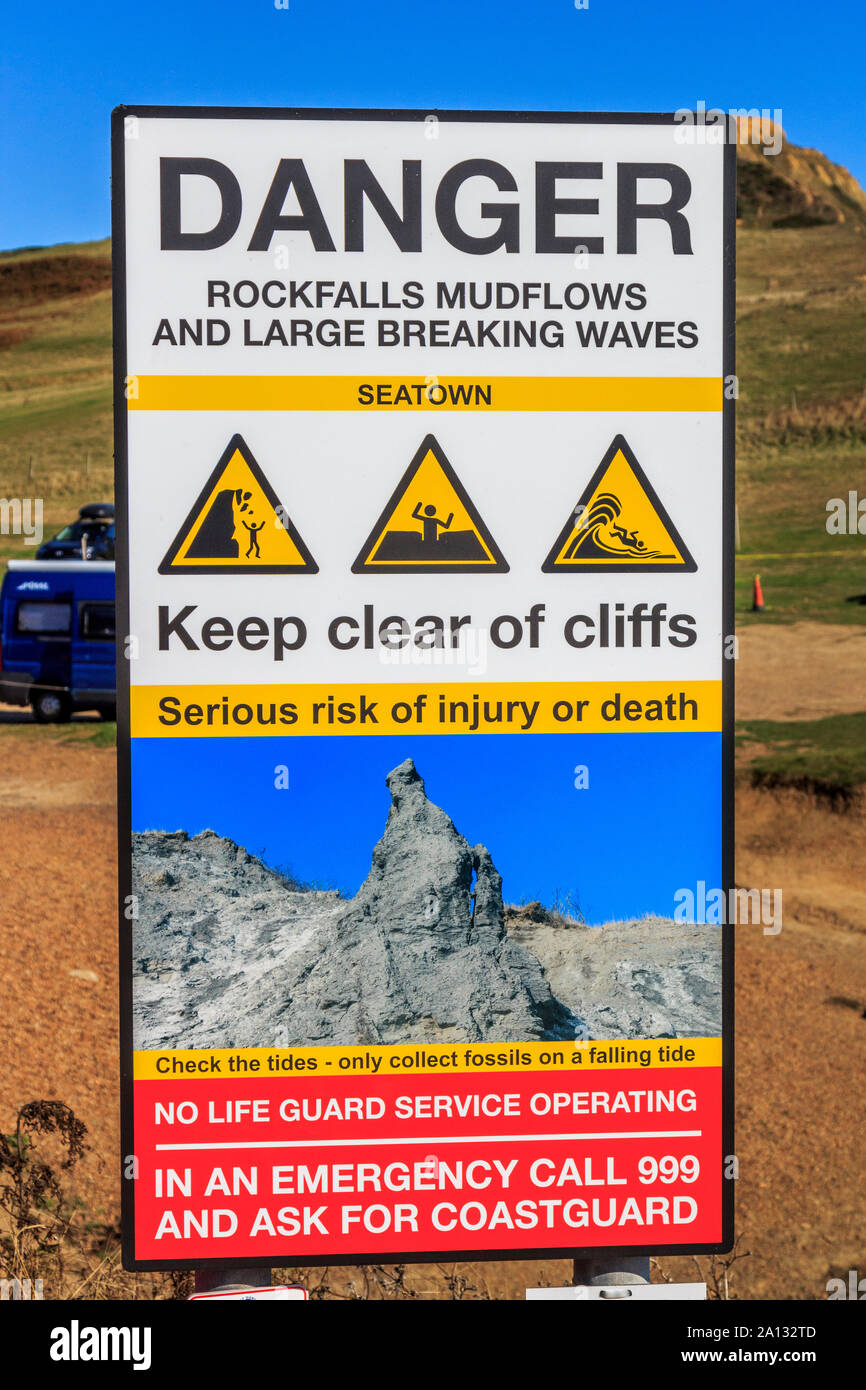 seatown danger signage signs on beach warning of hazards, dorset ...
