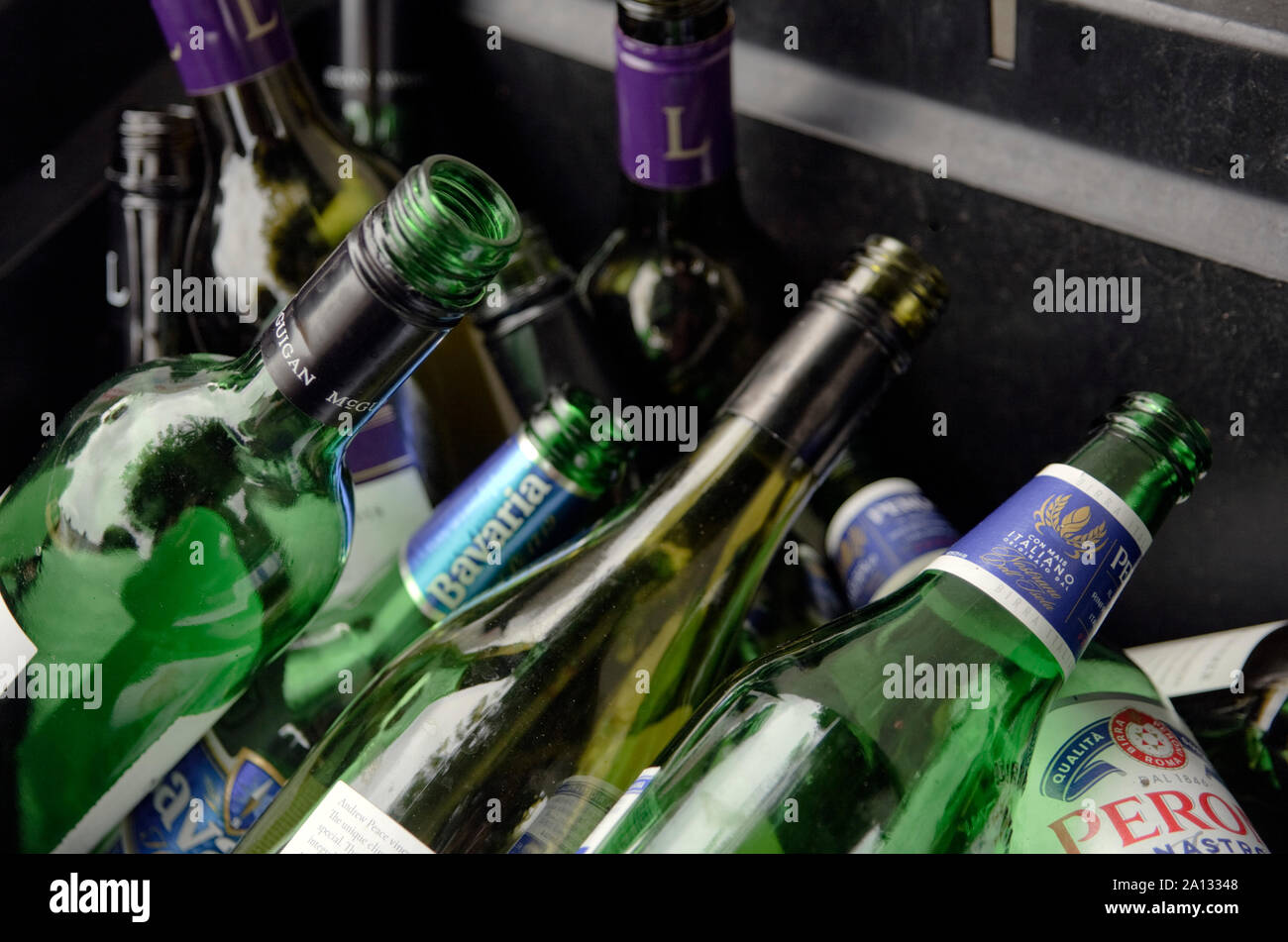 Glass bottles in a recycling box Stock Photo - Alamy