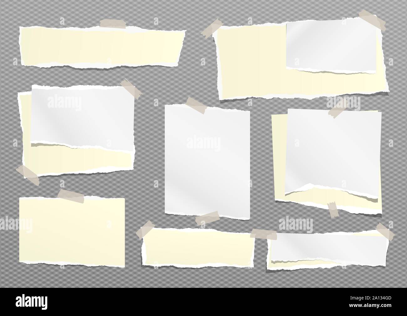 Torn white and yellow note, notebook paper pieces stuck with sticky ...