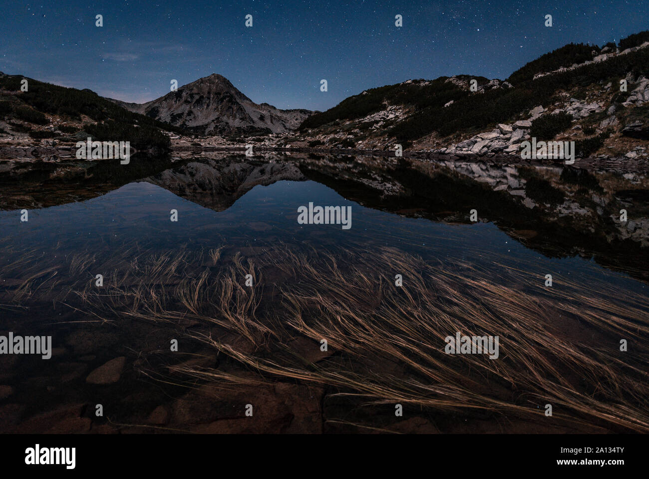Pirin mountains panoramic night view of the Frog (Jabeshko) lake in ...
