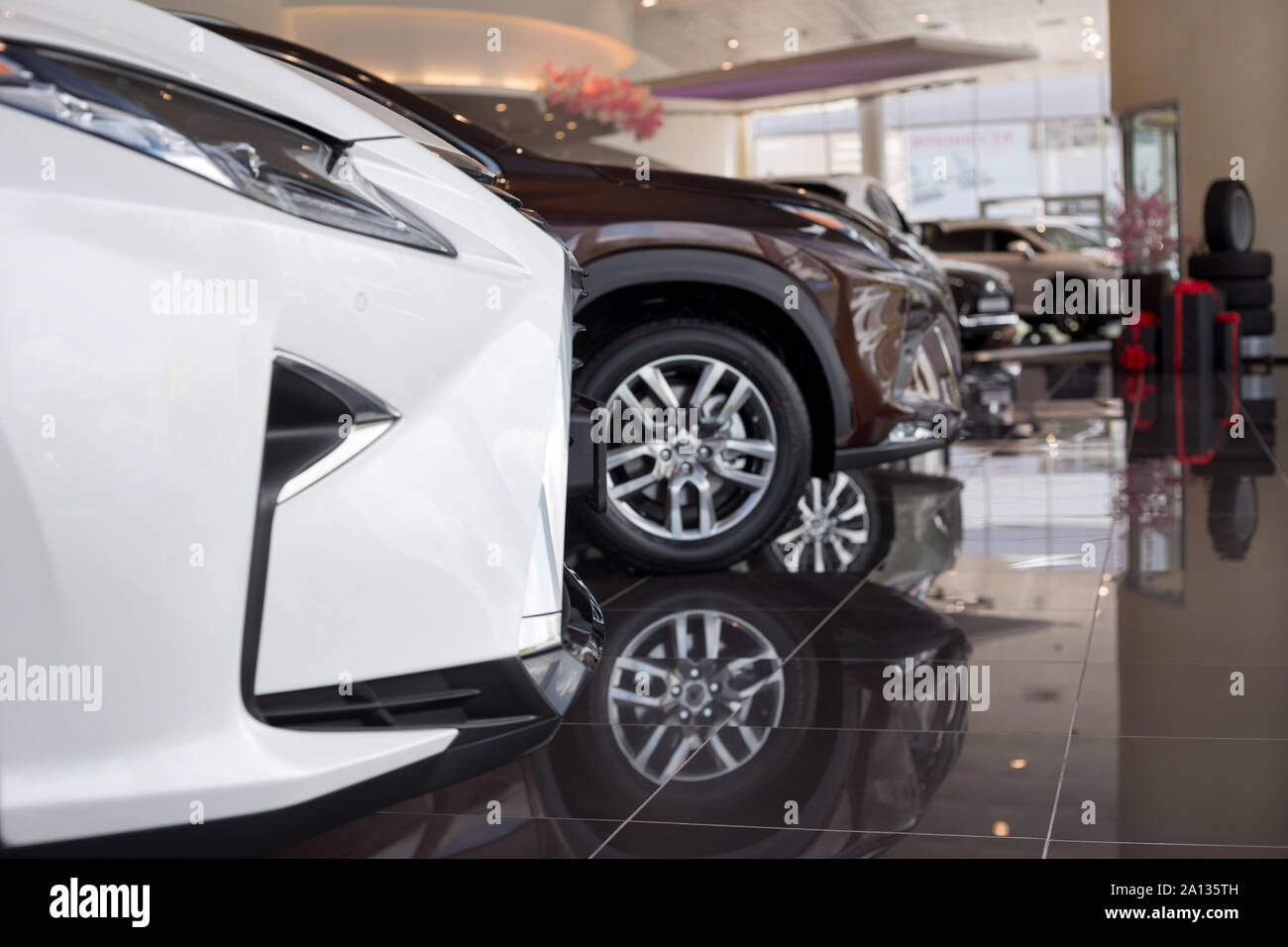 Car auto dealership. New cars at dealer showroom. Prestigious vehicles ...