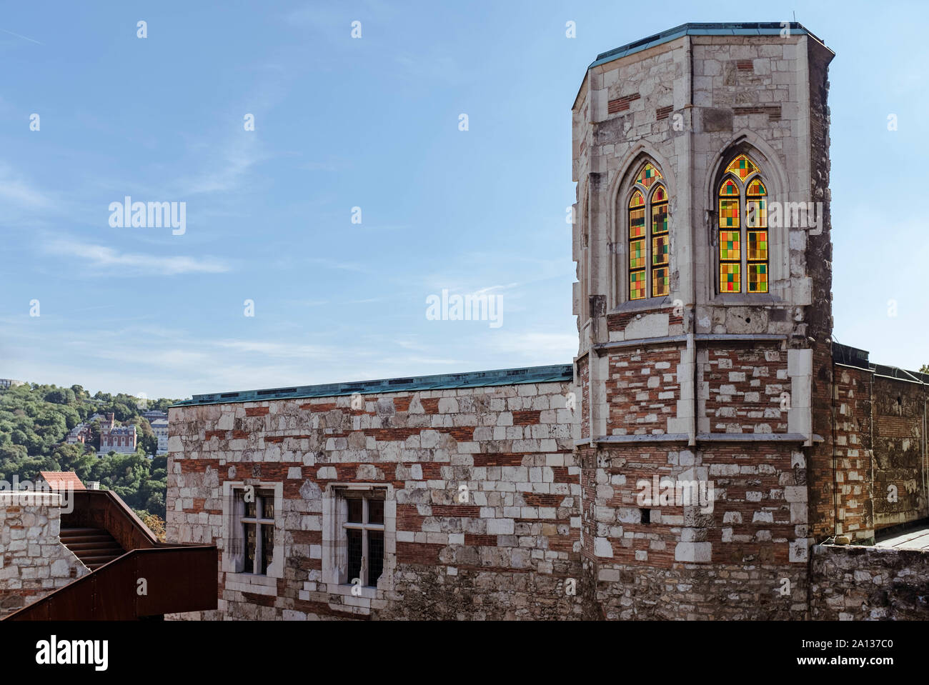 The remains of the Stephen's Tower with colorful stained glass Gothic ...