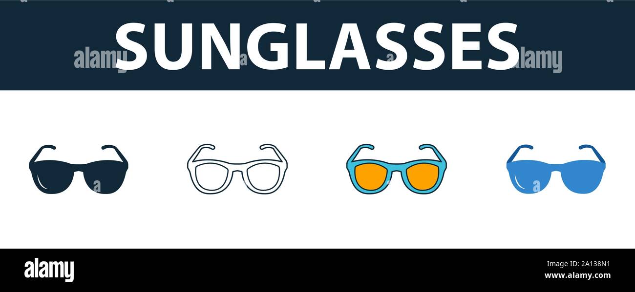 Sunglasses icon set. Four simple symbols in diferent styles from travel ...