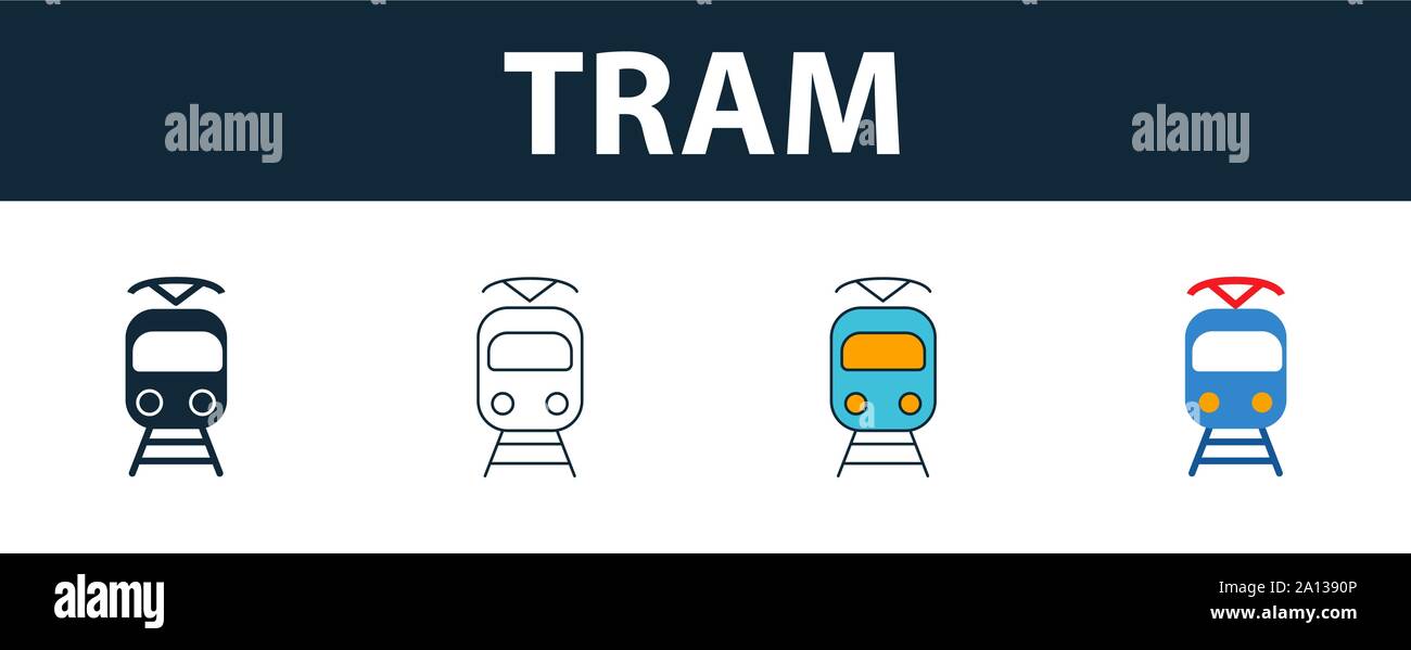 Tram icon set. Four simple symbols in diferent styles from transport icons collection. Creative ...