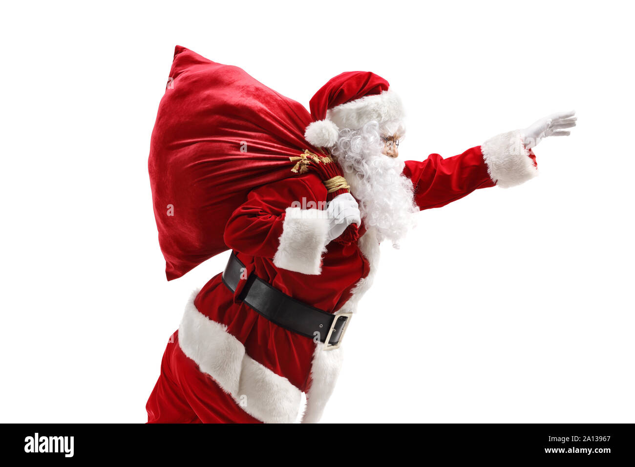 Santa Claus carrying a sac and gesturing with hand isolated on white ...