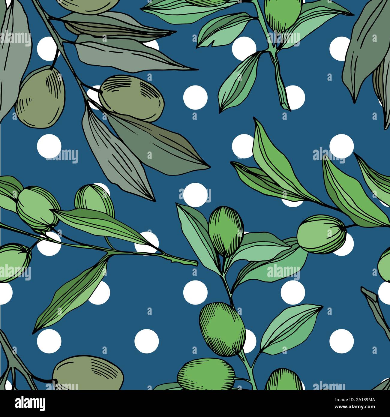 Vector Olive branch with fruit. Black and white engraved ink art. Seamless background pattern ...