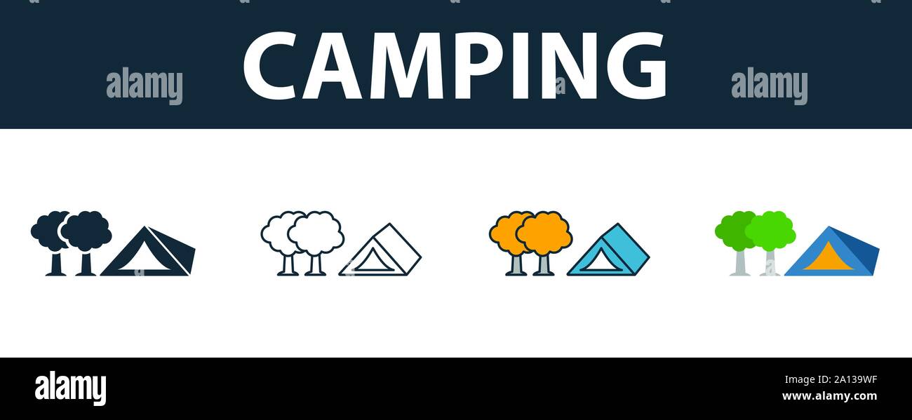 Camping icon set. Four simple symbols in diferent styles from tourism ...