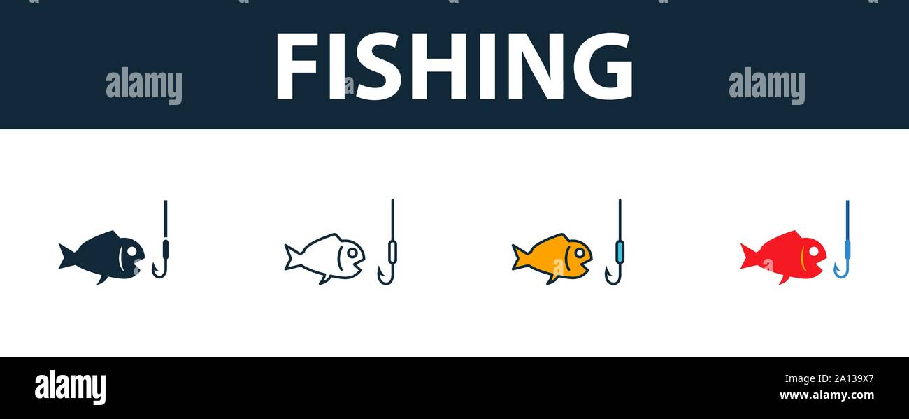 Fishing icon set. Four simple symbols in diferent styles from tourism ...