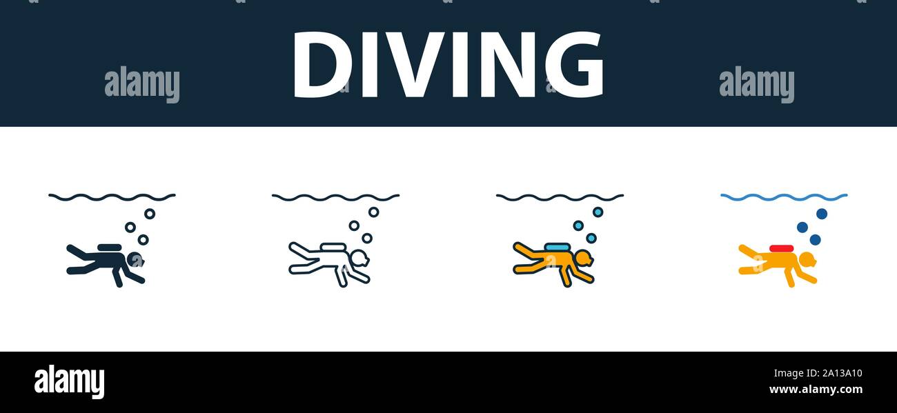 Diving icon set. Four simple symbols in diferent styles from tourism ...