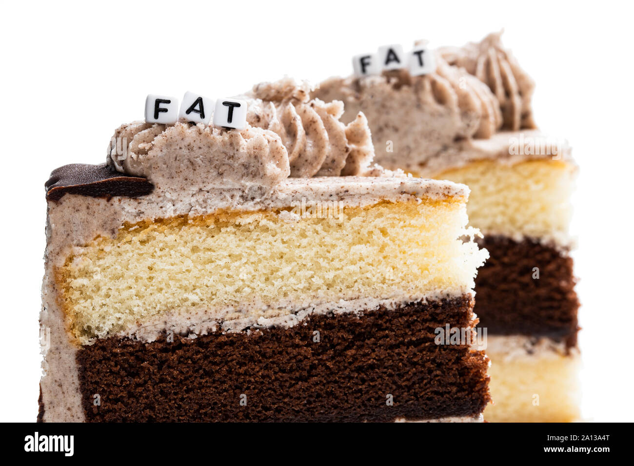Concept of unhealthy fat food. Pieces of layered sponge cake isolated ...