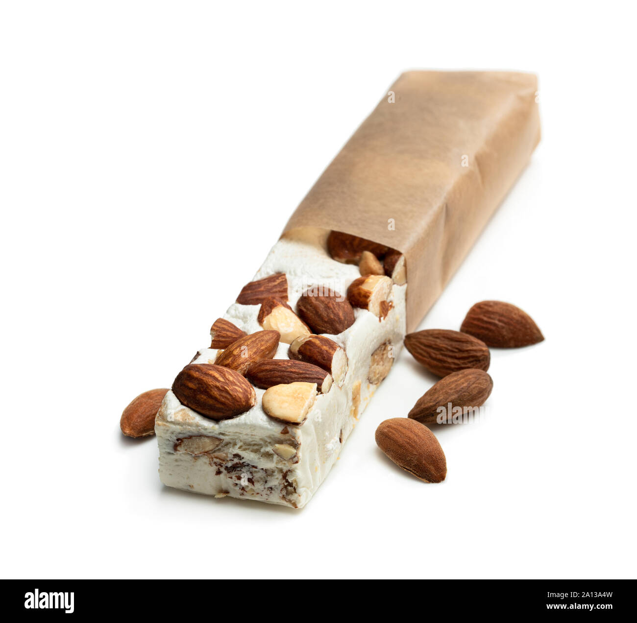 Homemade nougat bar with almonds isolated on white Stock Photo - Alamy