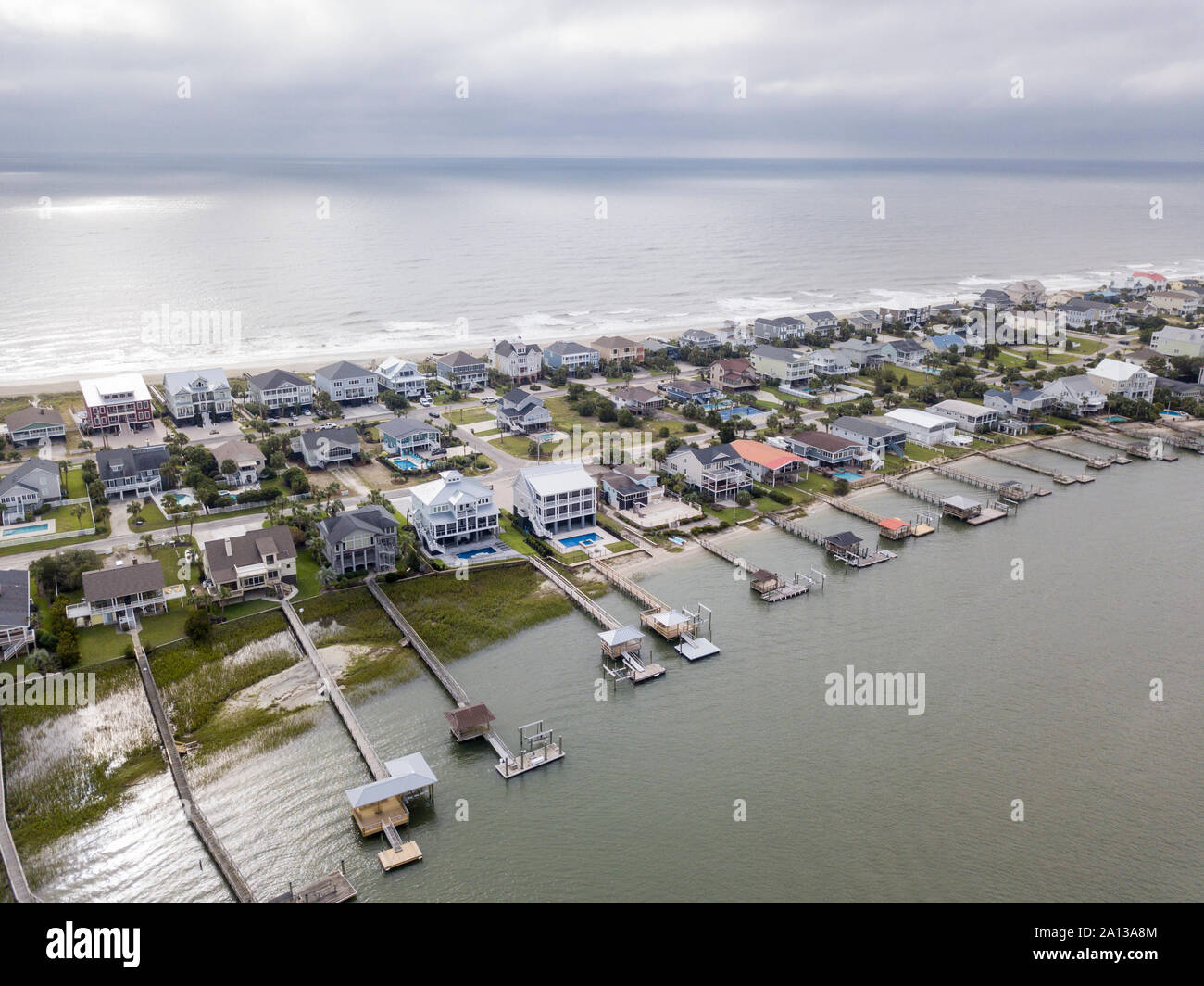 Aerial panorama of the coast of South Carolina at Surfside Beach near ...