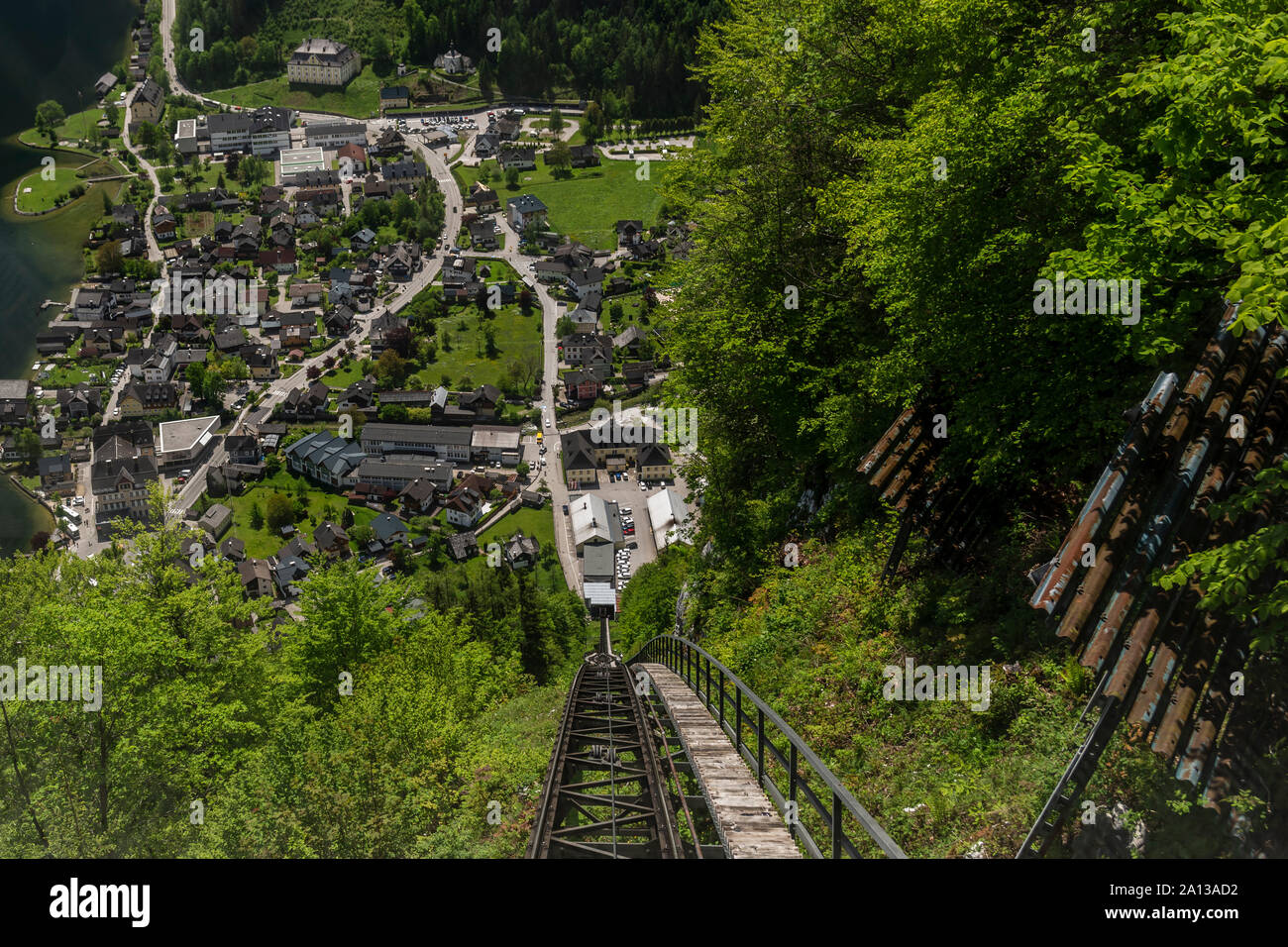 View over Hallstatt city from the funicular railway going to the salt ...