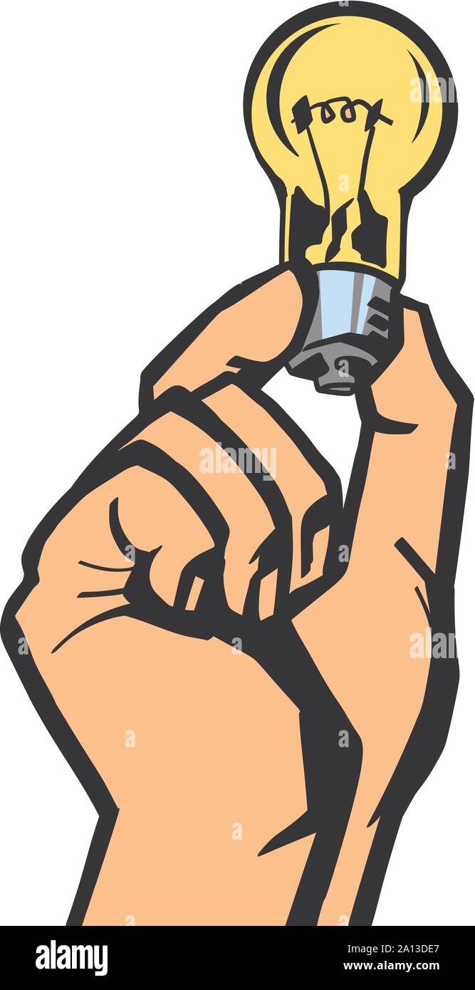 light bulb in hand. comic cartoon pop art retro vector illustration ...