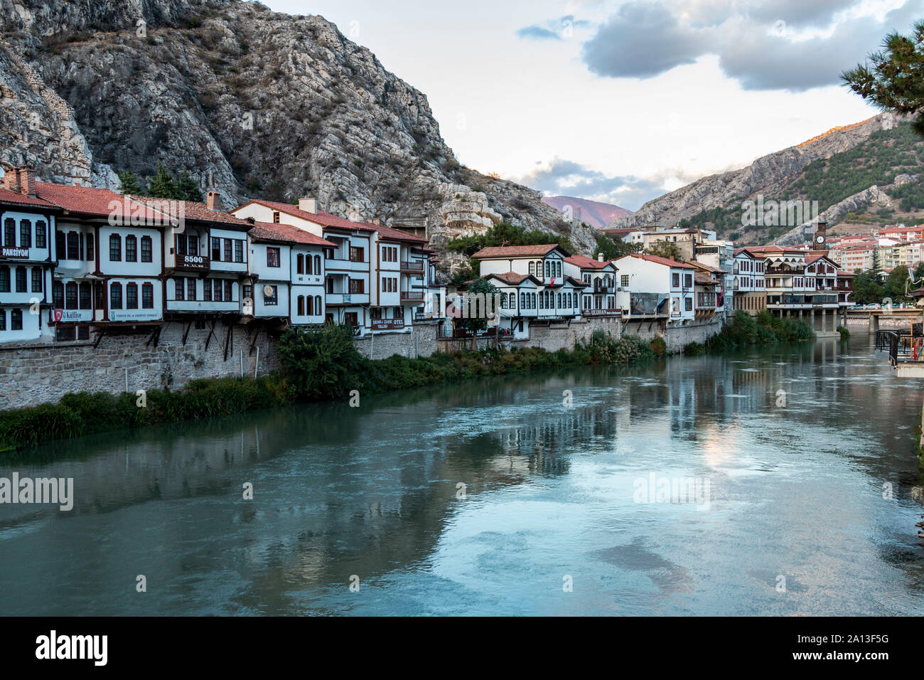 Amasya, Turkey - December 7, 2019 : Old Ottoman houses and clock tower ...