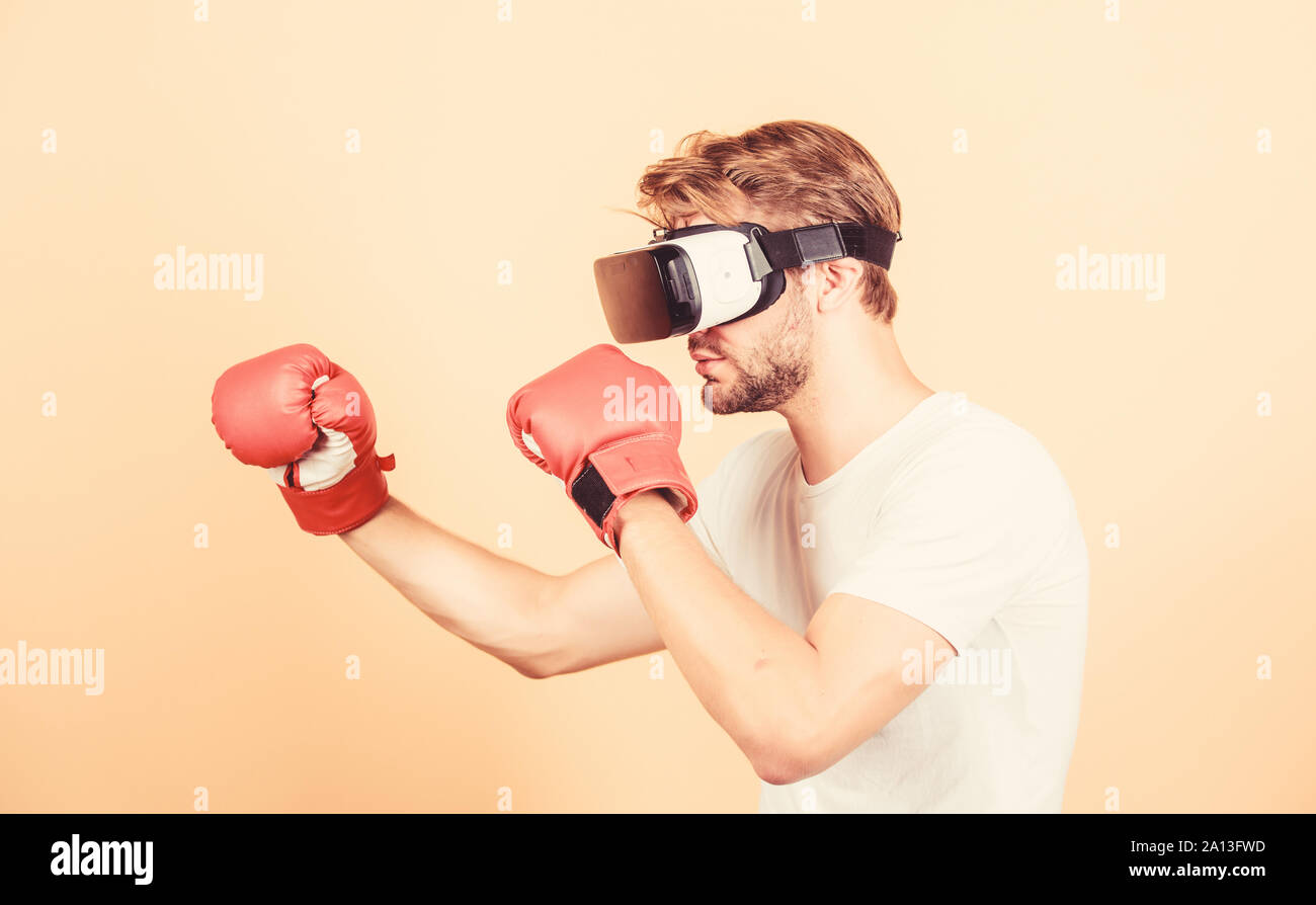 Augmented 3D world. Man boxer virtual reality headset simulation. Cyber ...