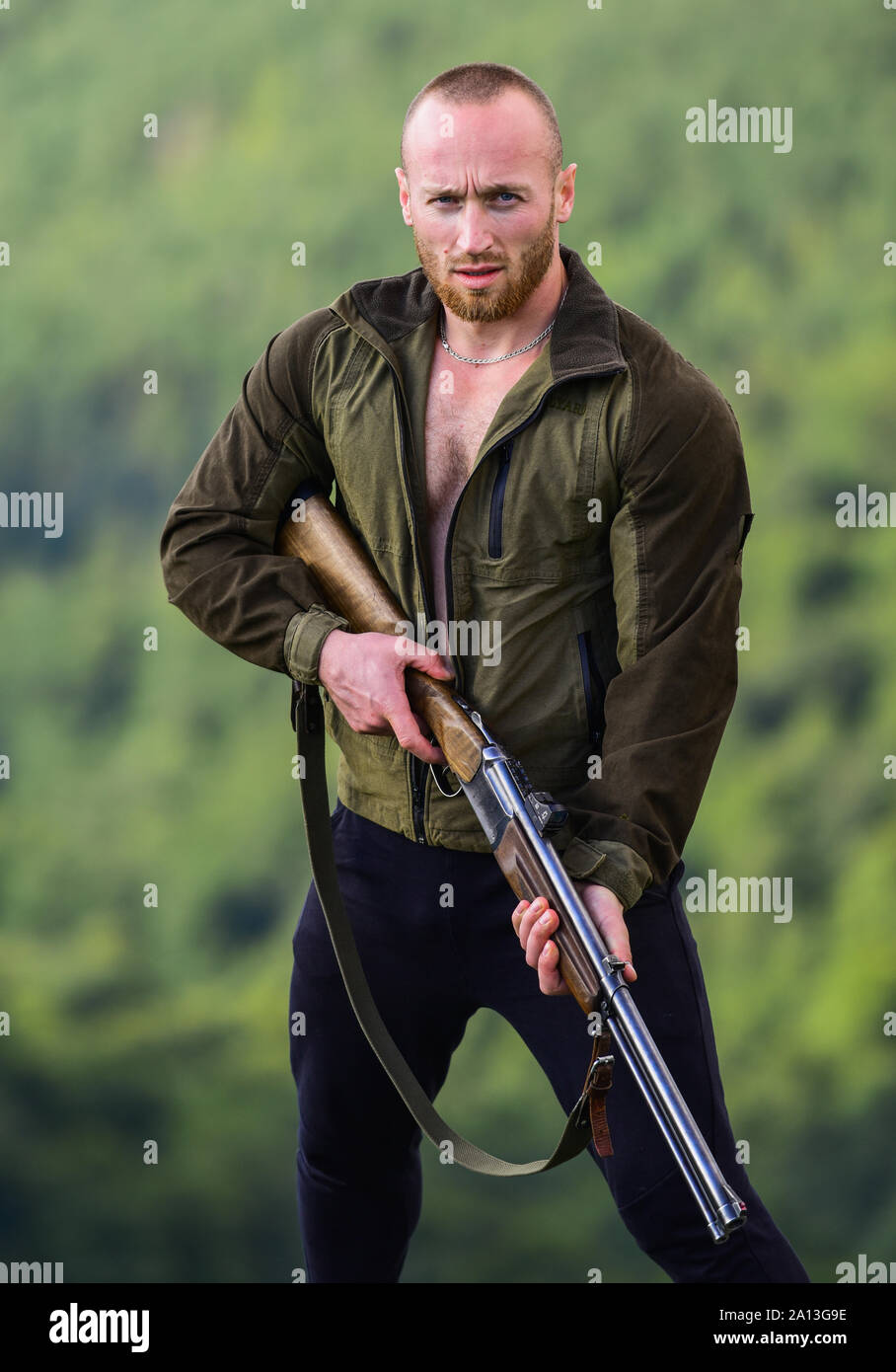 always ready. muscular man hold weapon. purpose and success. man ready ...