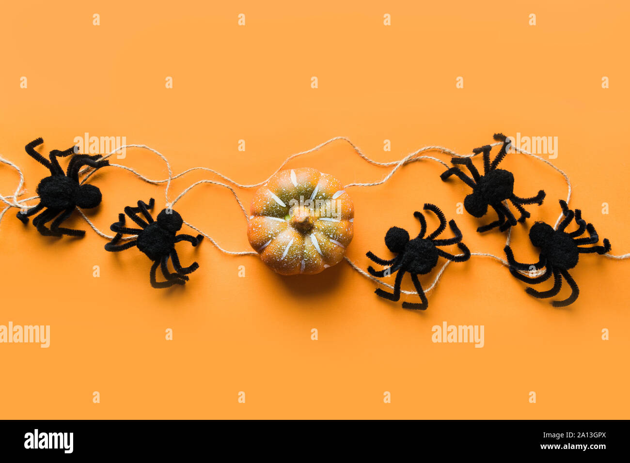 Halloween decorations with black spiders and pumpkin on orange ...