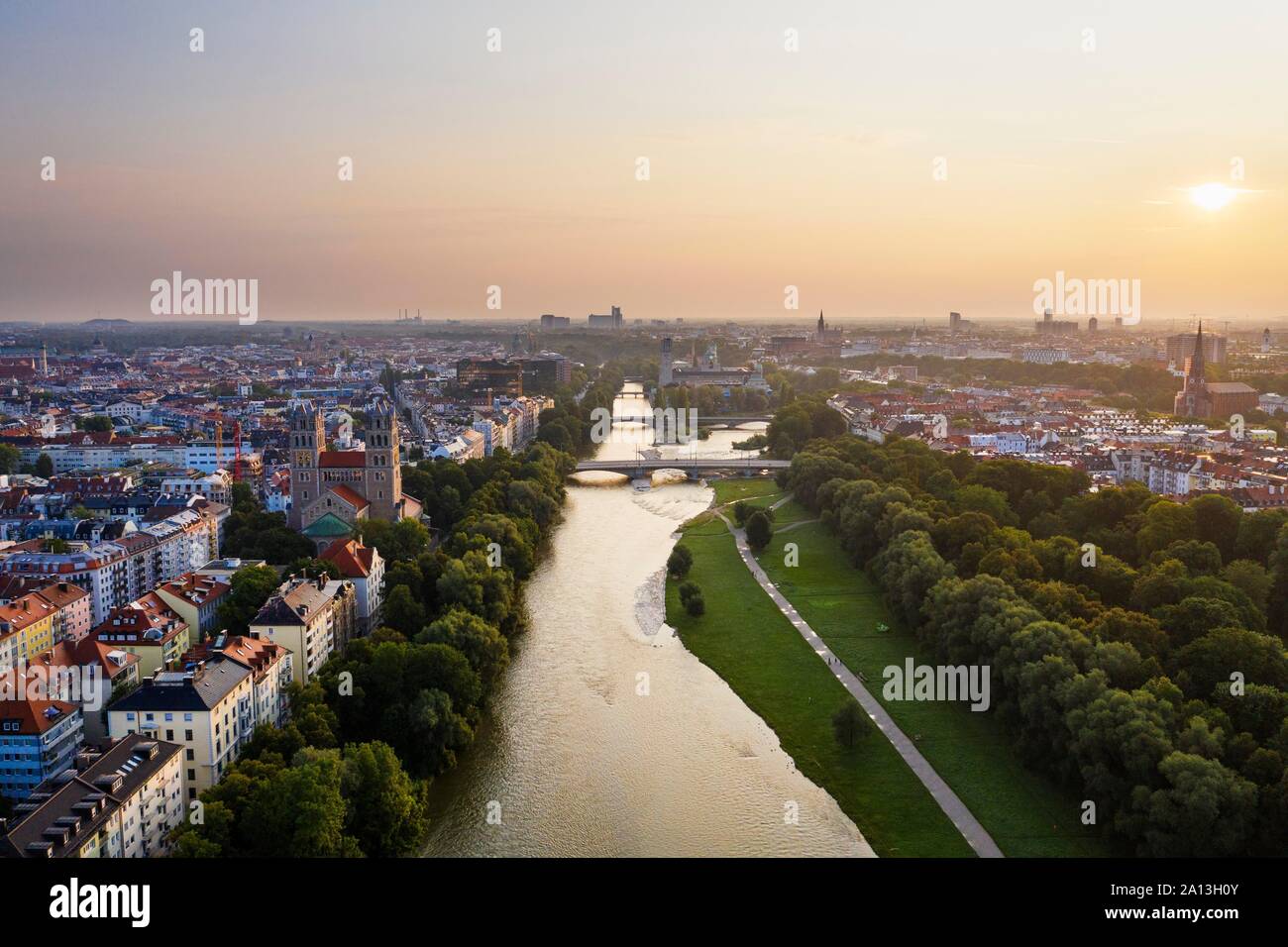 View to city, Isar and green areas with Reichenbach bridge at sunrise ...
