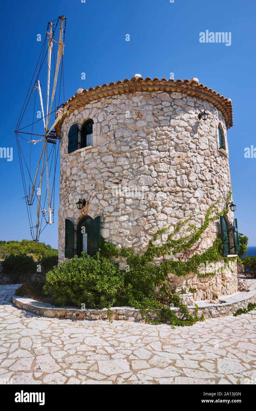 Traditional, historic, stone windmill on Zakynthos island in Greece ...