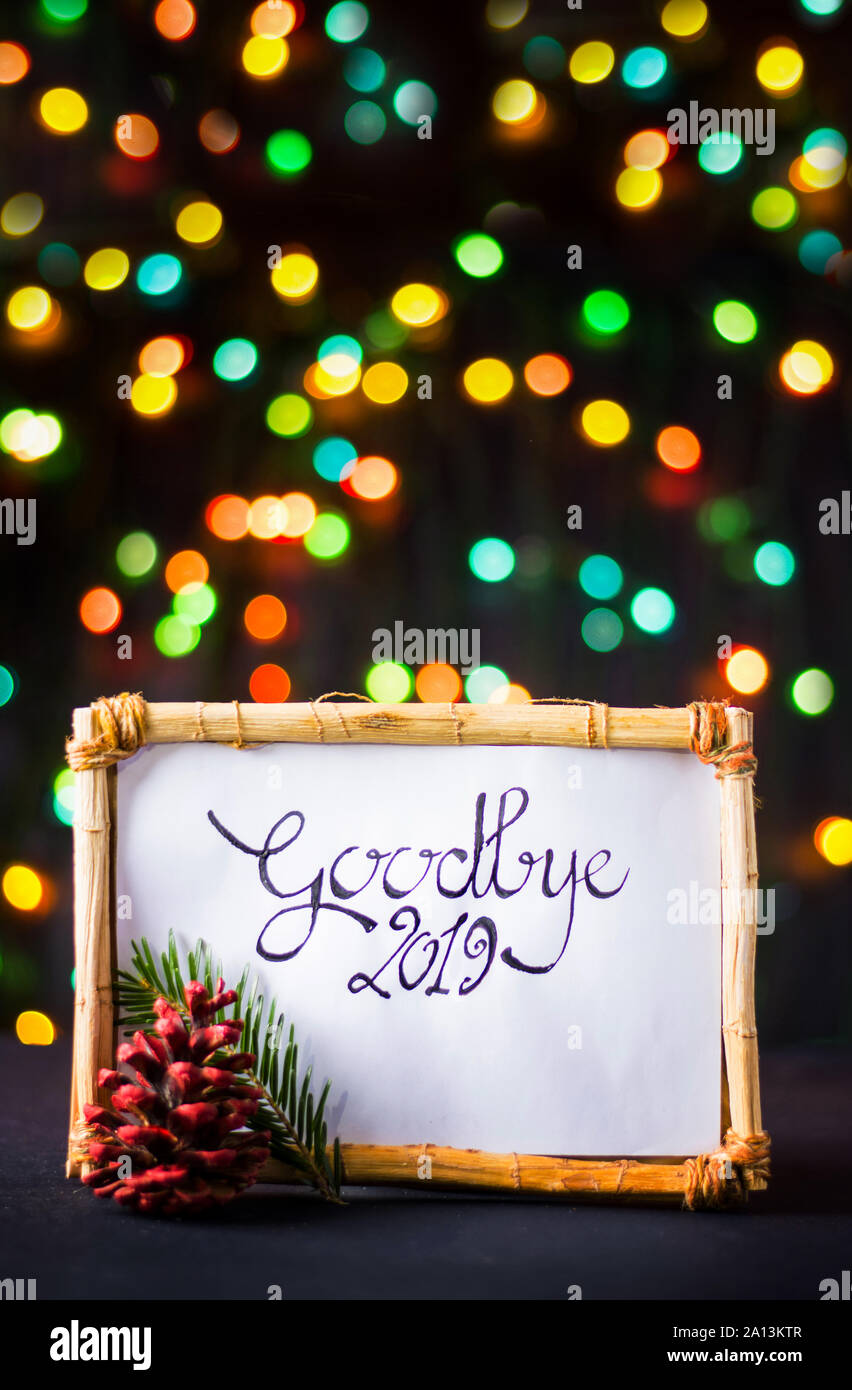 Goodbye 2019 New Year note with colorful festive background Stock Photo ...