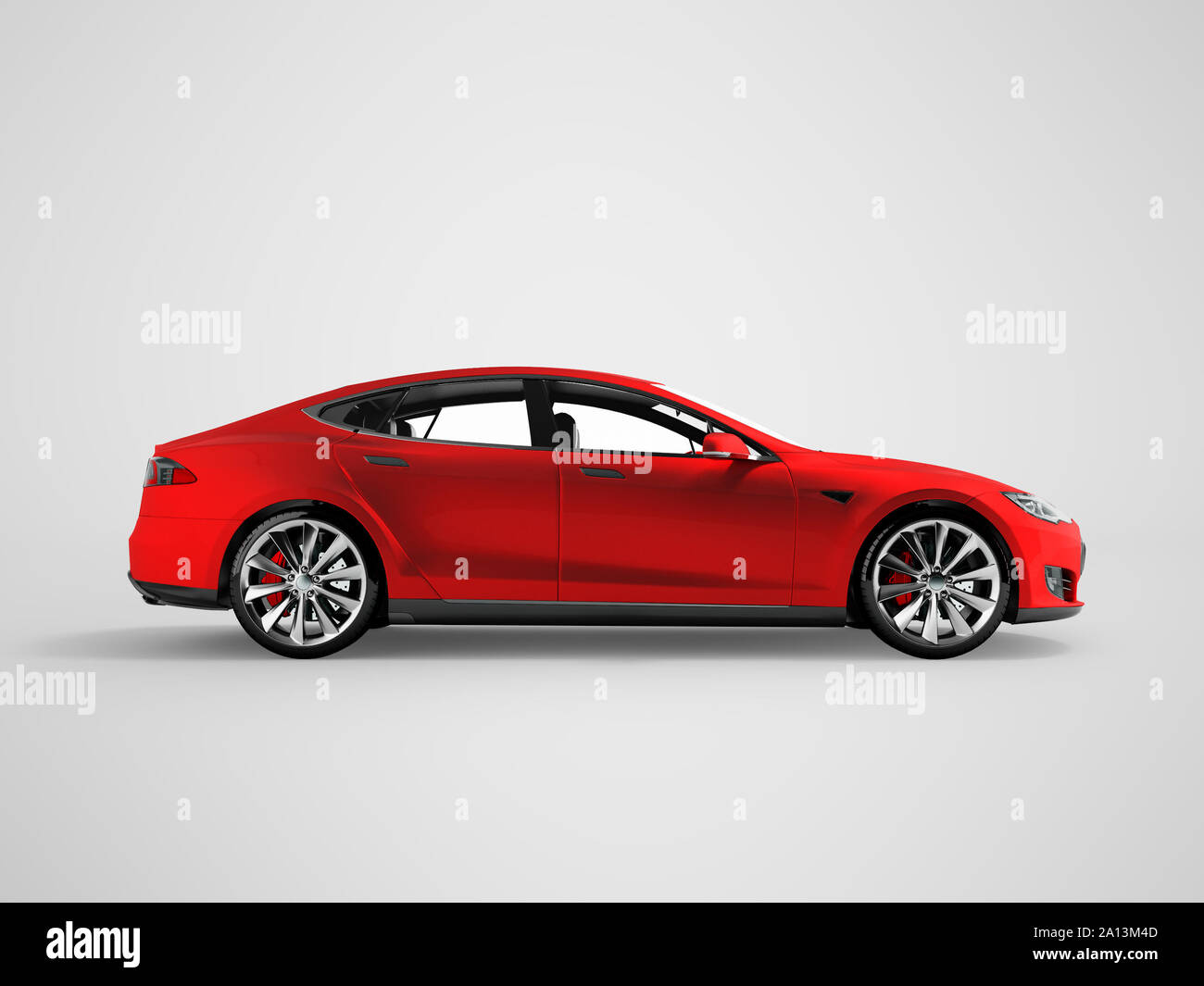 Modern electric car red side 3d rendering on gray background with ...