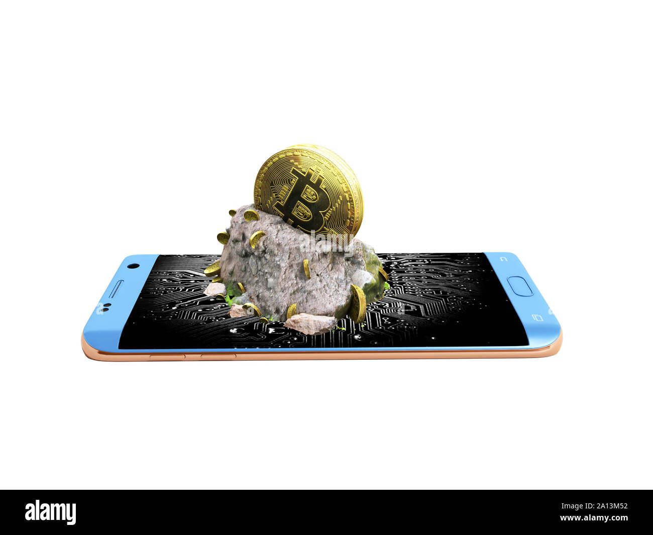 Modern concept of bitcoin mining from phone 3d render on white ...