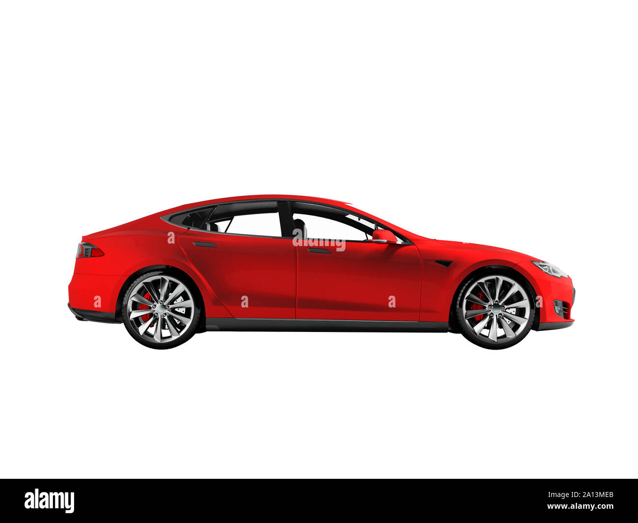 Modern electric car red side 3d rendering on white background no shadow ...