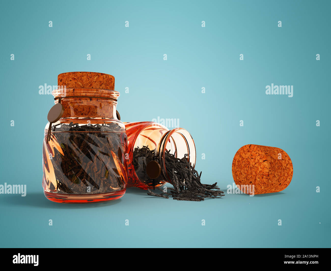 Glass jars with dry black tea for storage from the front from the ...