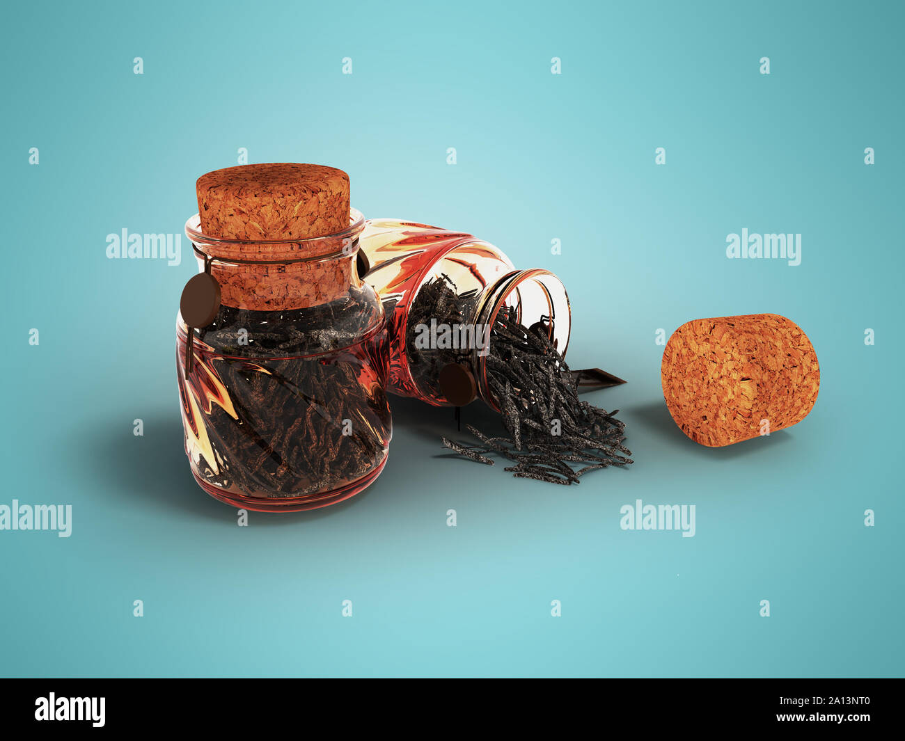 Glass jars with dry black tea for storage in front 3d render on blue ...