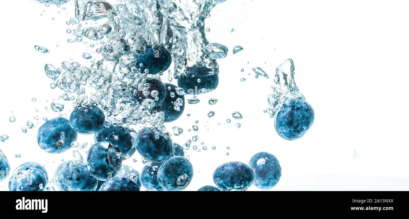 Fresh blueberries falling in water on white background. Fruits ...