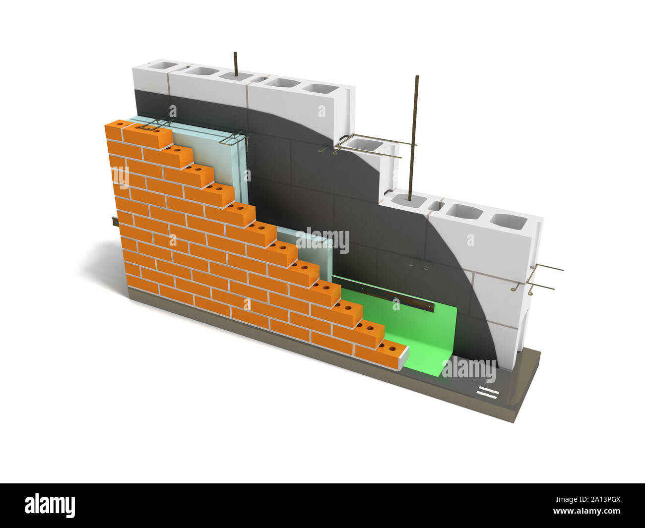 Modern layout of the construction of warm walls with stone and bricks ...