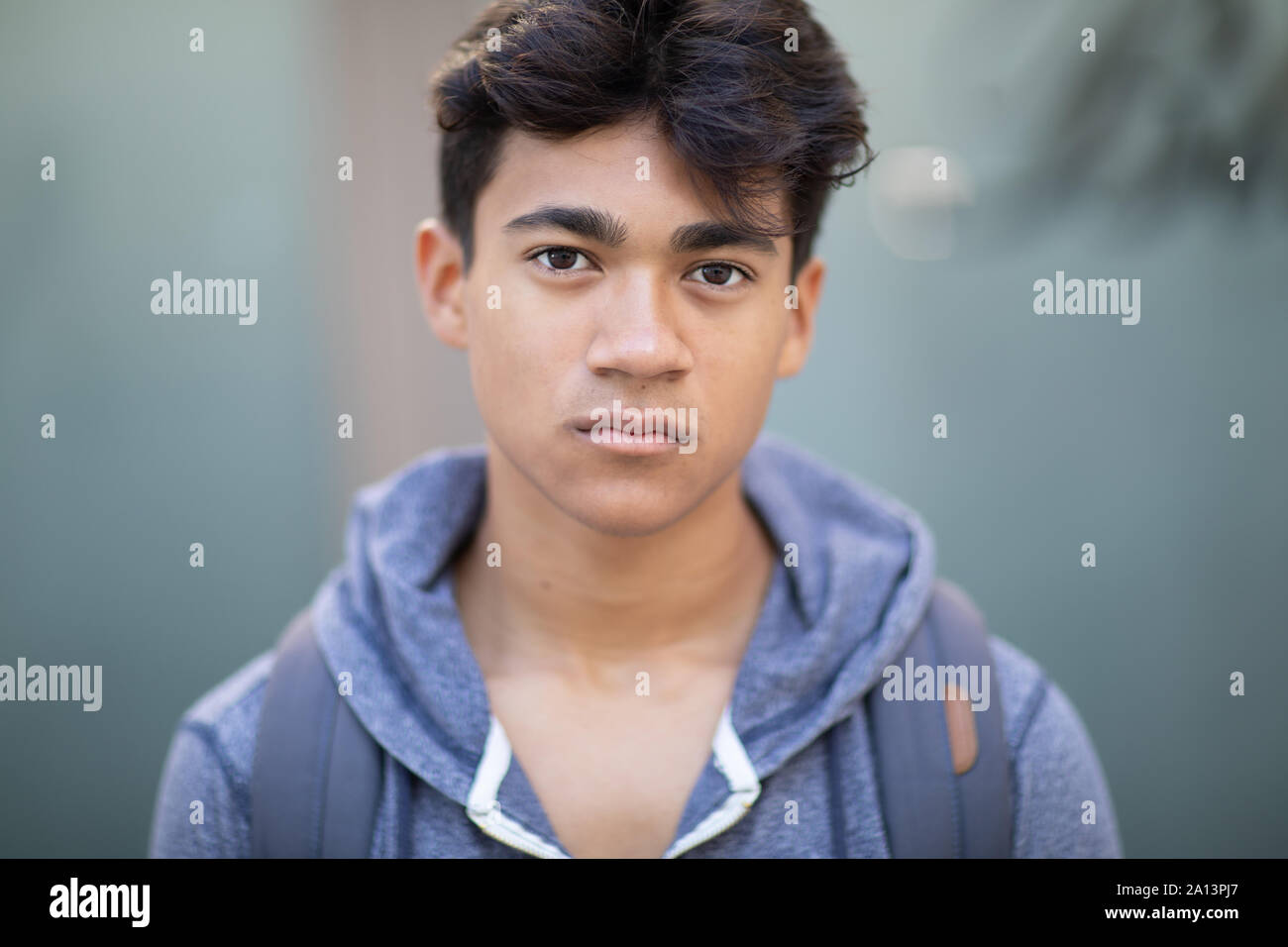 Portrait of a handsome Asian young man next to the blurred background ...