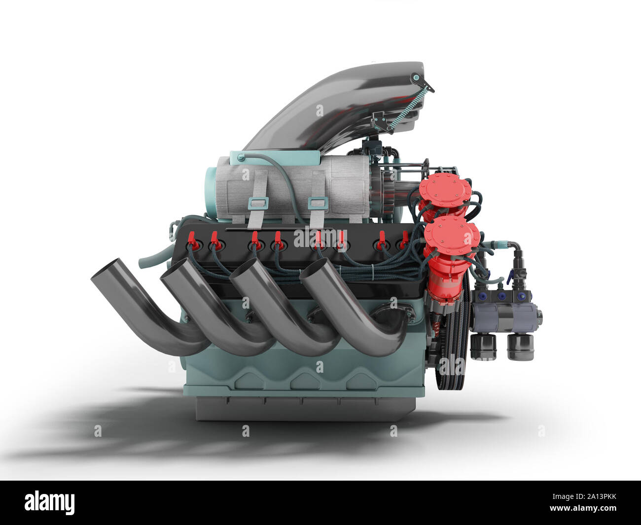 Car engine on the left gray 3d render on a white background with a ...