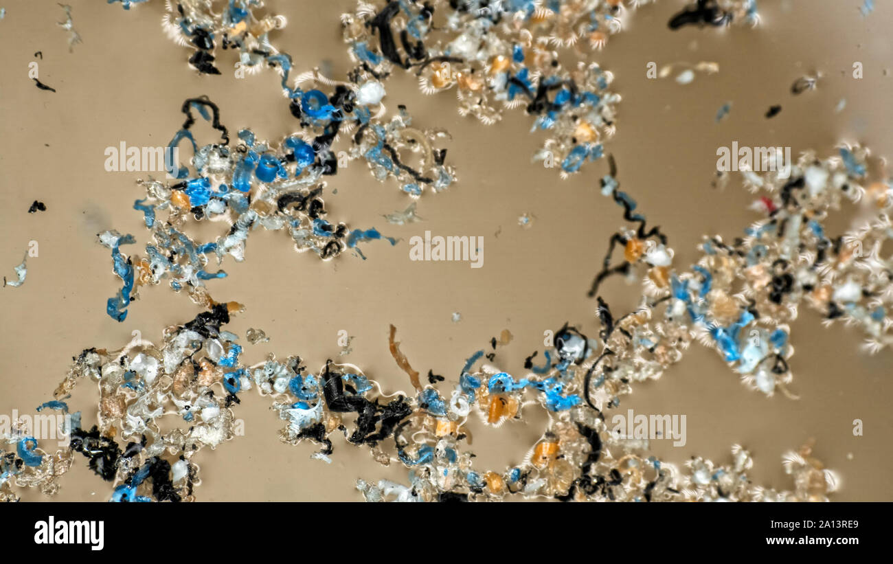 Plastic gets into water basin and gradually destroyed by waves and sun ...