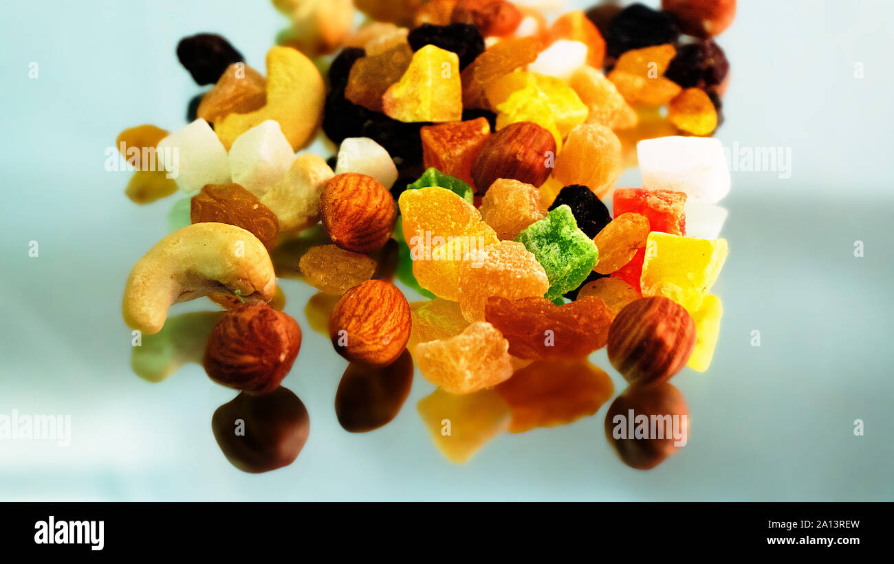 Tutti frutti. Mix of dry fruits (raisins, citron, mango) and nuts ...