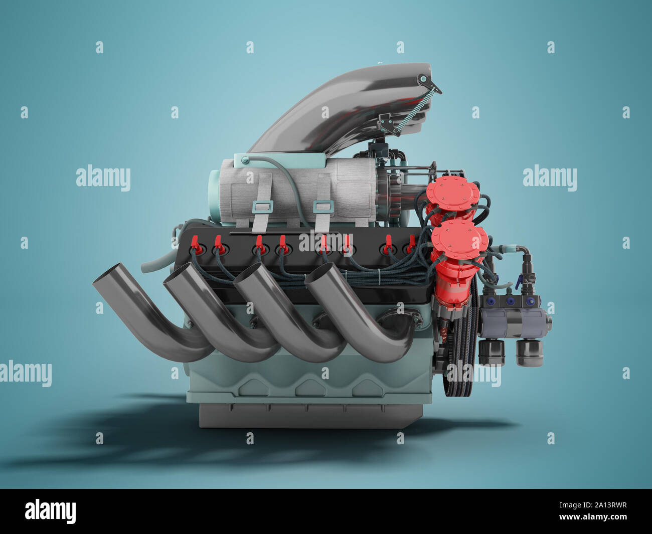Car engine on the left gray 3d render on a blue background with a ...