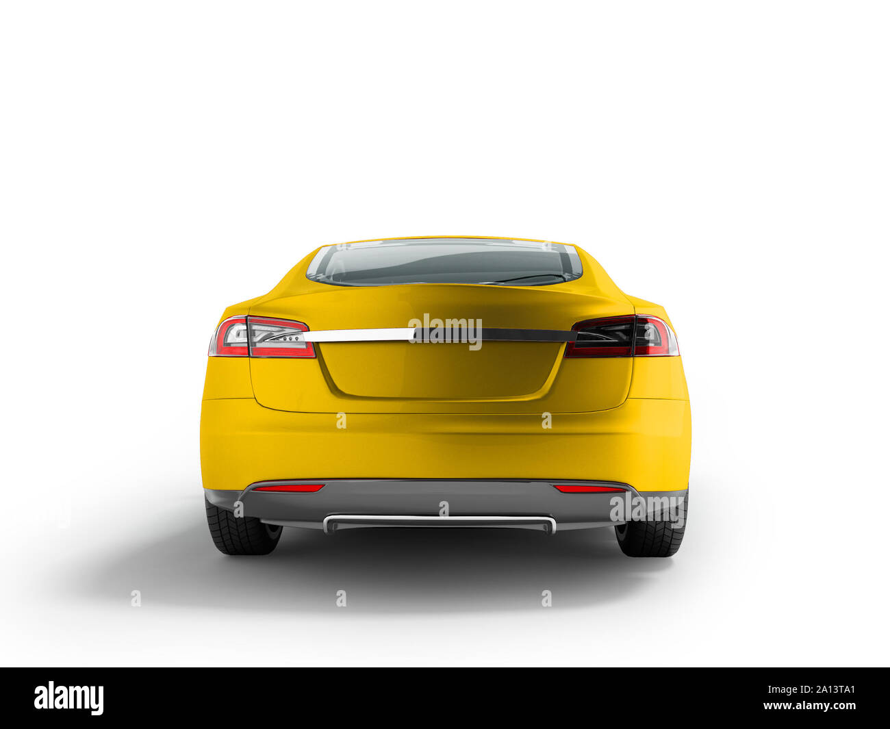 Modern electric car behind the yellow 3d render on a white background ...