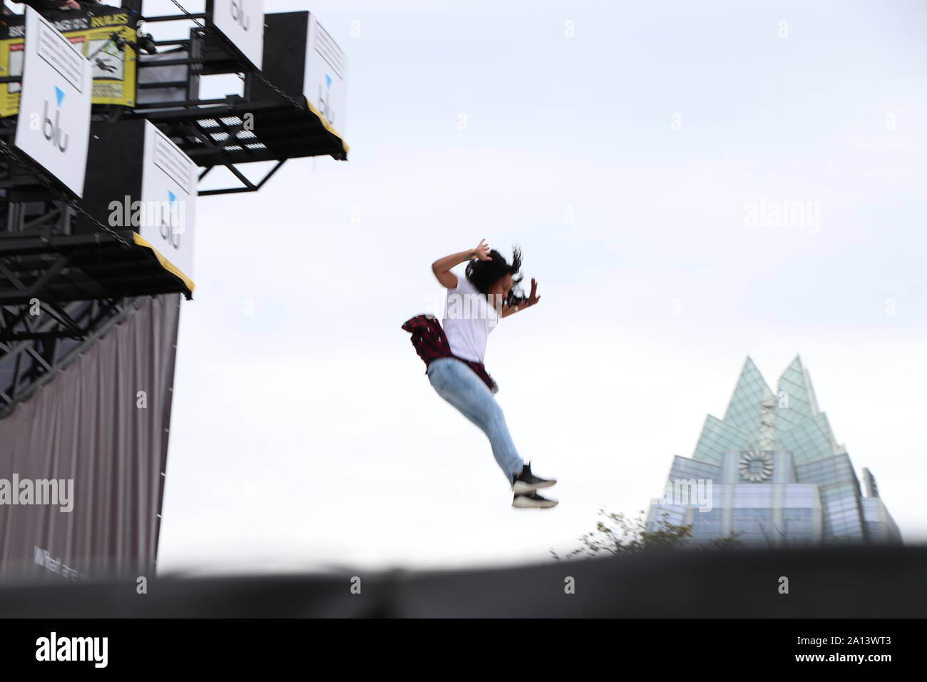 photos of people jumping on to stunt cushions Stock Photo - Alamy