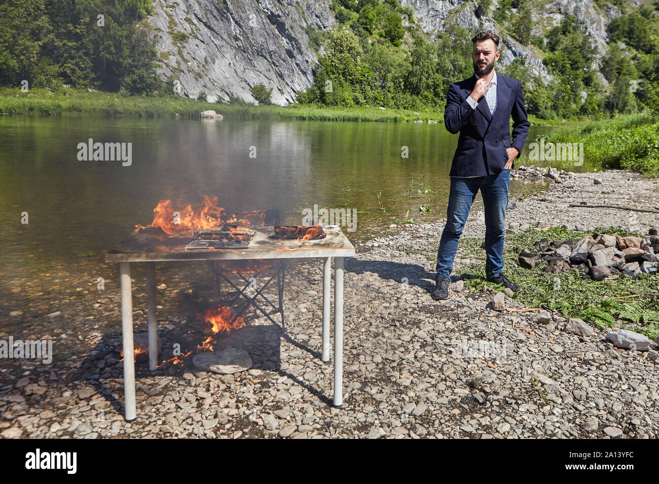 A businessman or office worker dreams of setting fire to his office ...