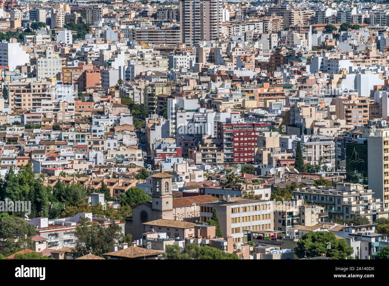Aerial view of city of Palma de Mallorca skyline from Bellver Castle ...
