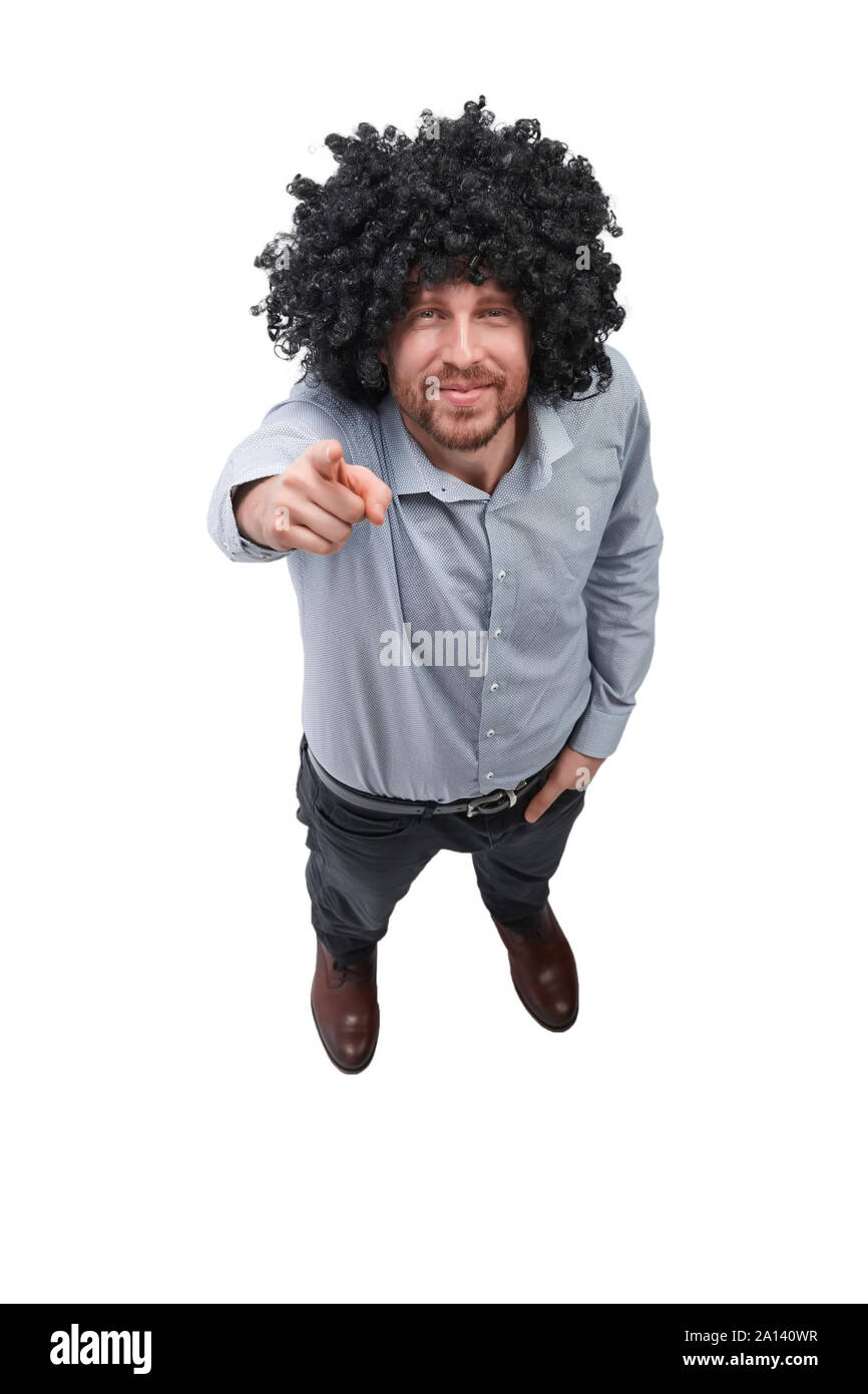 top view. happy man in wig looking at camera Stock Photo - Alamy