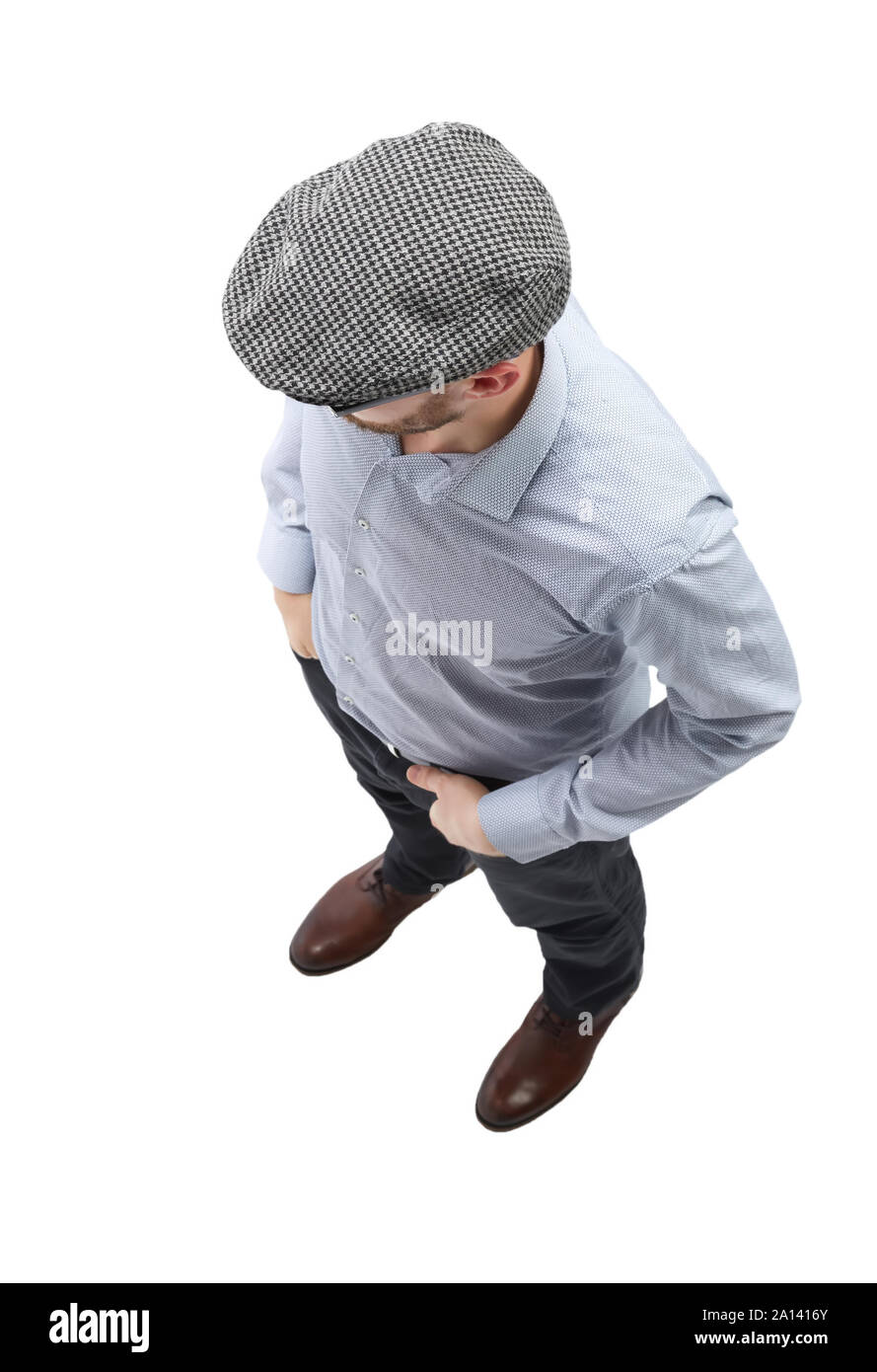 top view. a young man in a checkered cap Stock Photo - Alamy