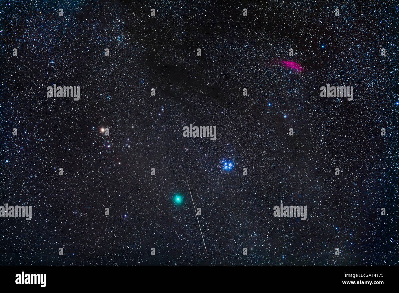 Comet Wirtanen 46P with Geminid meteor, Aldebaran and Hyades ...