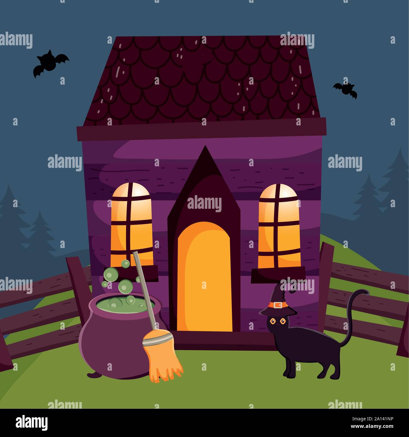 black cat cauldron and broom trick or treat - happy halloween vector ...