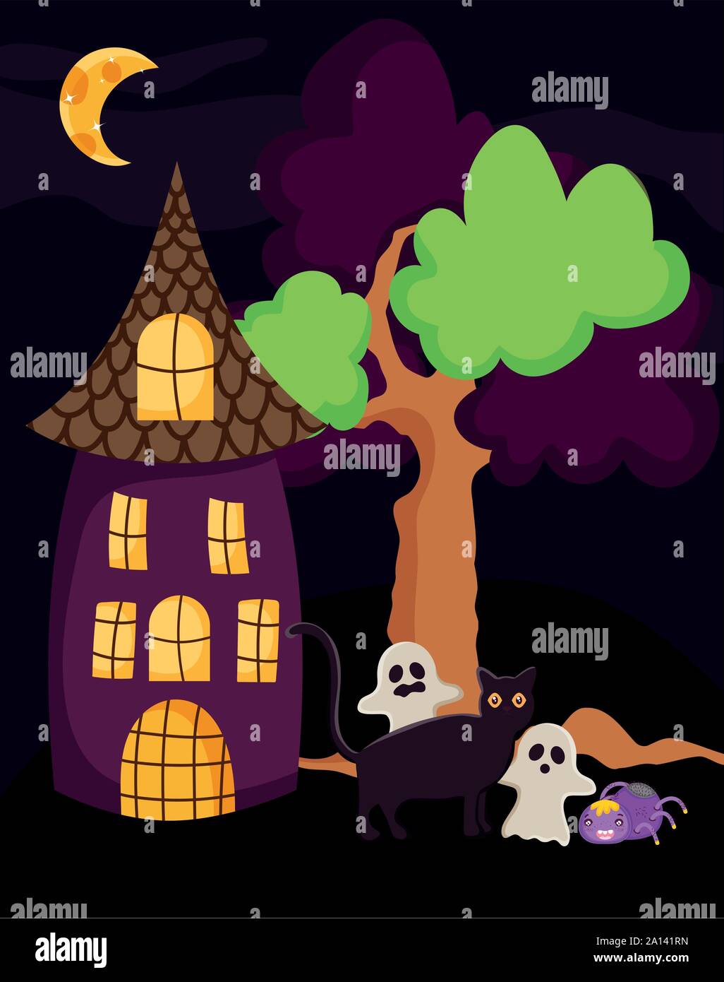 ghosts cat spider house trick or treat - happy halloween vector ...