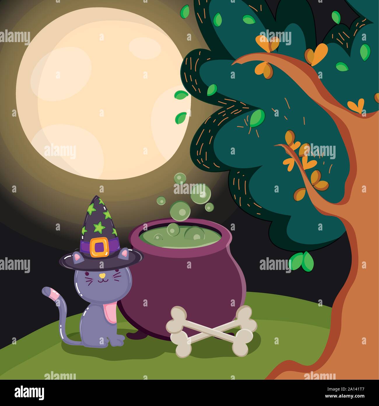 cat cauldron bones moon night trick or treat - happy halloween vector ...